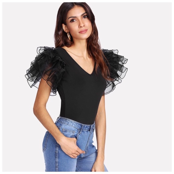 Tops | Black Tulle Ruffle Cap Sleeve Bodysuit | Poshmark